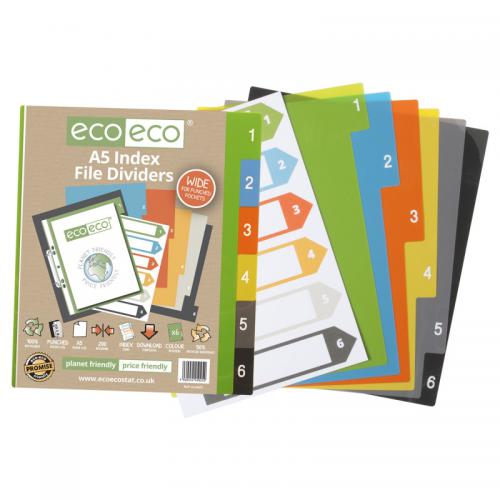 A5 50% Recycled Set 6 Wide Index File Dividers | ECO025 | A5 Dividers