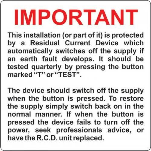 Important Rcd Test Label - Pack Of 5 Sav (75 X 75mm) | SLBY423425