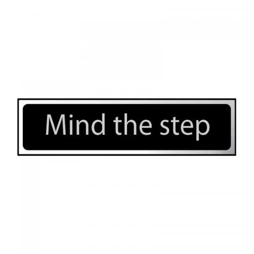 Mind The Step Sign, Black And Polished Chrome | SPC6411C | Room Signs